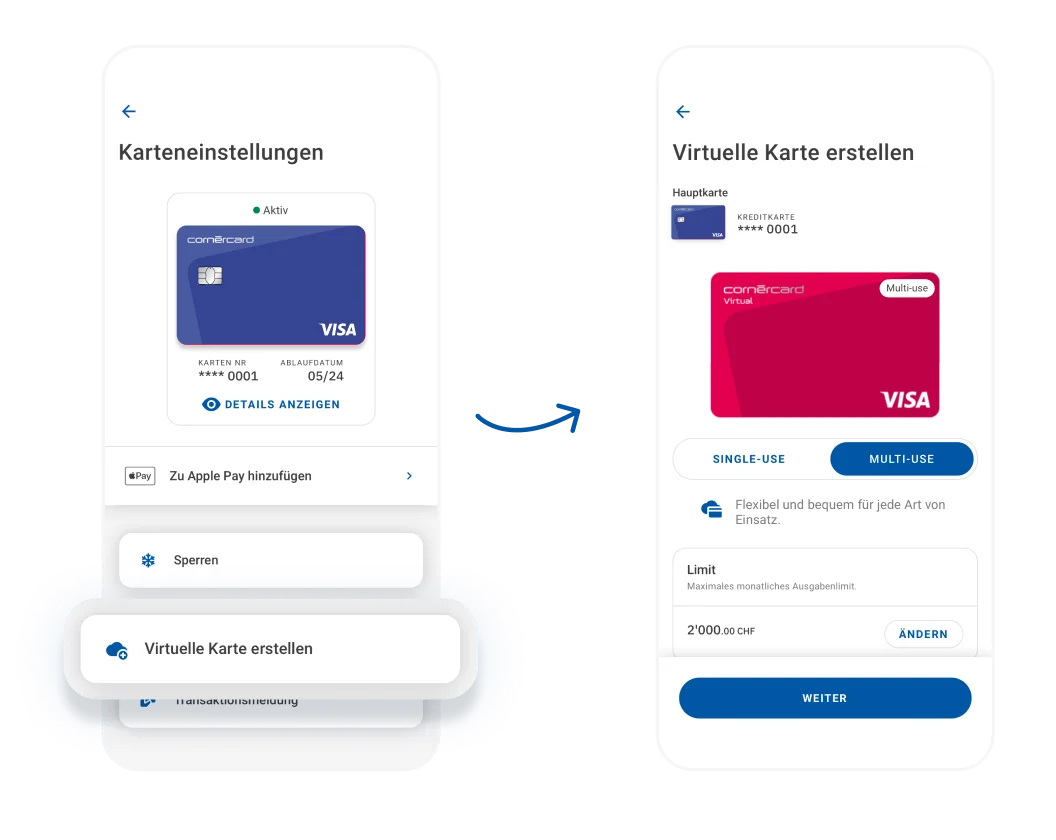 Wie kann ich virtuelle Karten über die iCornèr App erstellen? – Cornèrcard