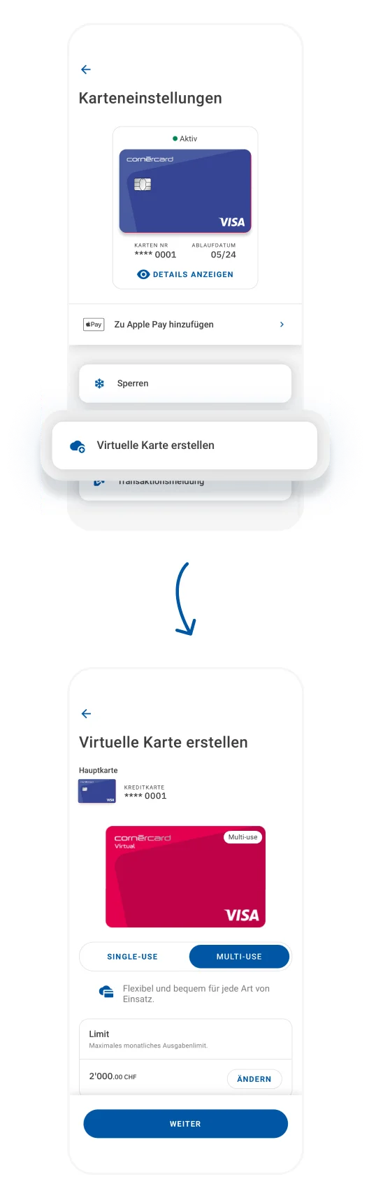 Wie kann ich virtuelle Karten über die iCornèr App erstellen? – Cornèrcard